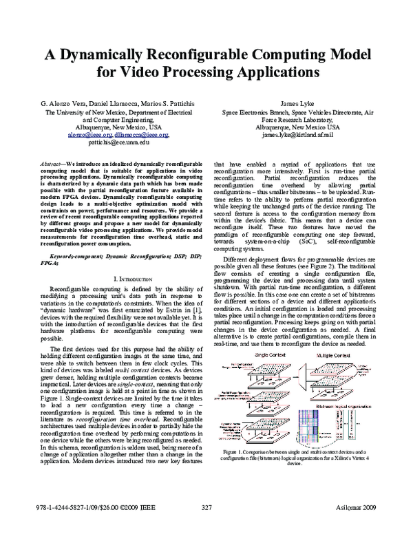 Pdf A Dynamically Reconfigurable Computing Model For Video Processing Applications Marios