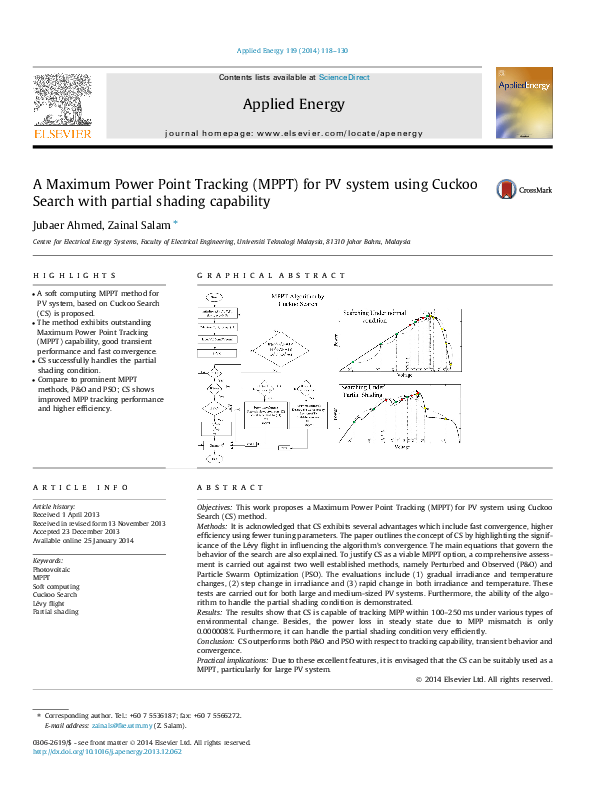 Pdf A Maximum Power Point Tracking Mppt For Pv System Using Cuckoo Search With Partial