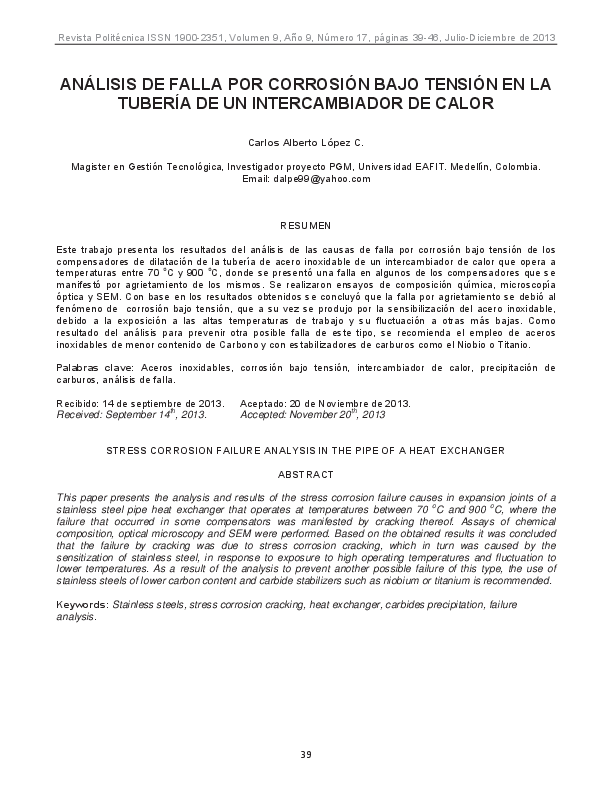 (PDF) Análisis de falla por corrosión bajo tensión en la tubería de un intercambiador de calor