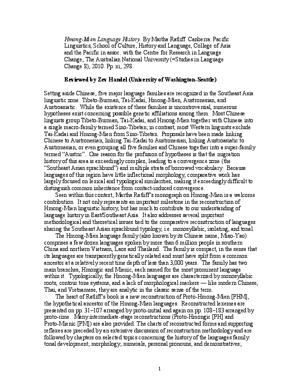 (PDF) 2012: Review of: Hmong-Mien Language History. By Martha Ratliff