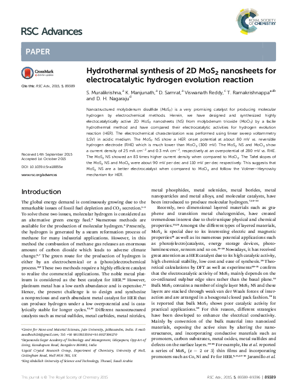 (PDF) Hydrothermal synthesis of 2D MoS2 nanosheets for electrocatalytic ...