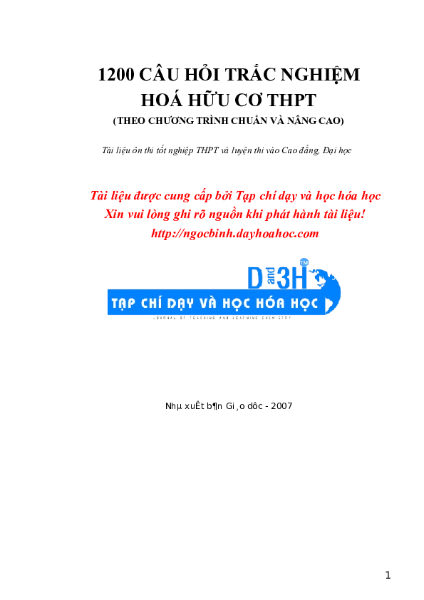 (DOC) 1200 CAU HOI TRAC NGHIEM HOA HUU CO THPT THEO CHUONGTRINH CHUAN VA NANG CAO