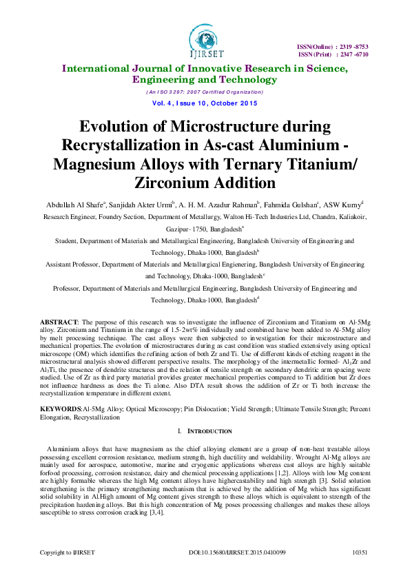 Pdf Evolution Of Microstructure During Recrystallization In As Cast