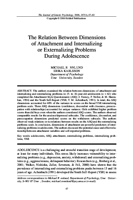 (PDF) The Relation Between Dimensions of Attachment and Internalizing or Externalizing Problems ...