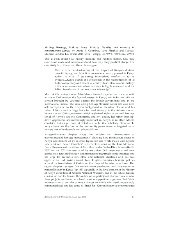 (PDF) Review by Terry Barringer of Managing Heritage, Making Peace ...