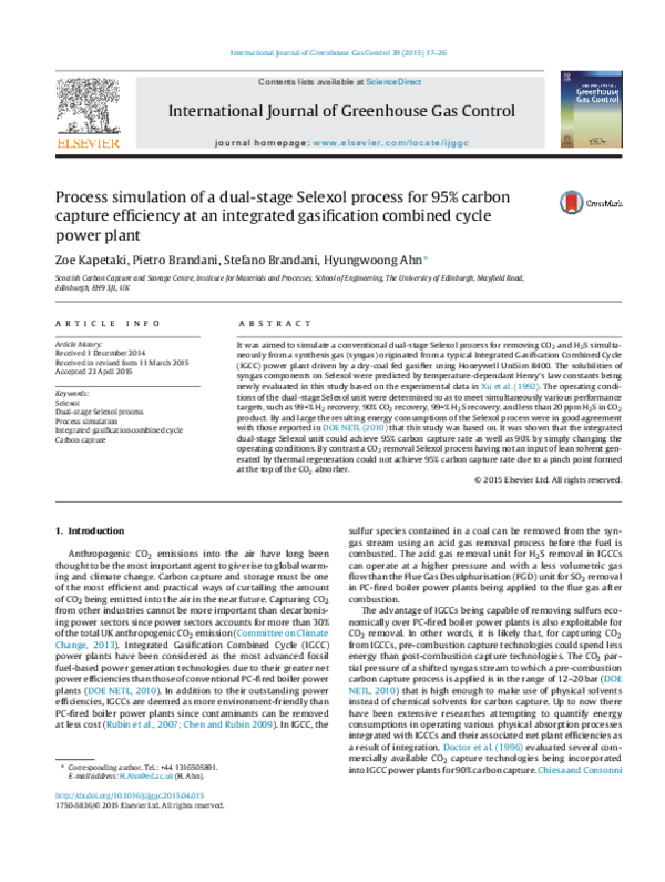 (PDF) Process simulation of a dual-stage Selexol process for 95% carbon ...