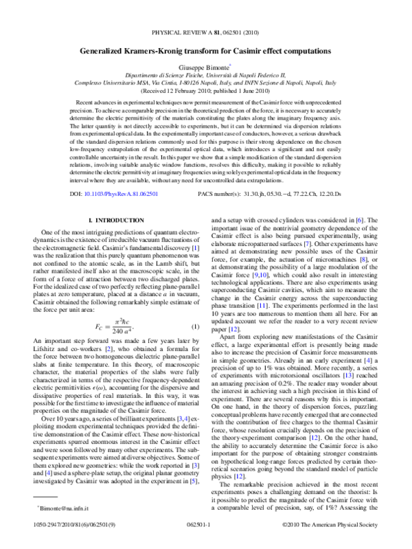 (PDF) Generalized Kramers-Kronig transform for Casimir effect computations