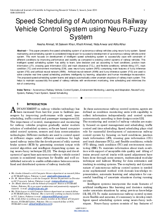 (PDF) Speed Scheduling of Autonomous Railway Vehicle Control System using Neuro-Fuzzy System