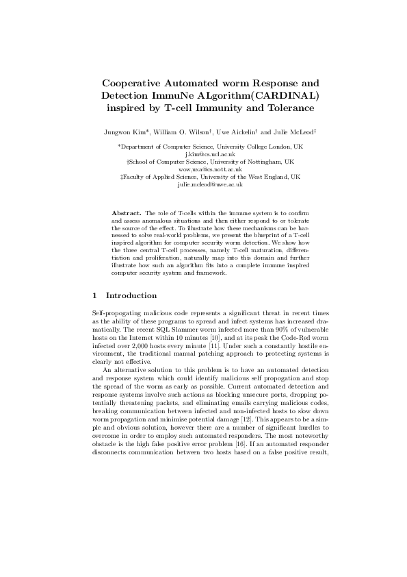 (PDF) Cooperative Automated Worm Response and Detection ImmuNe ALgorithm(CARDINAL) Inspired by T ...