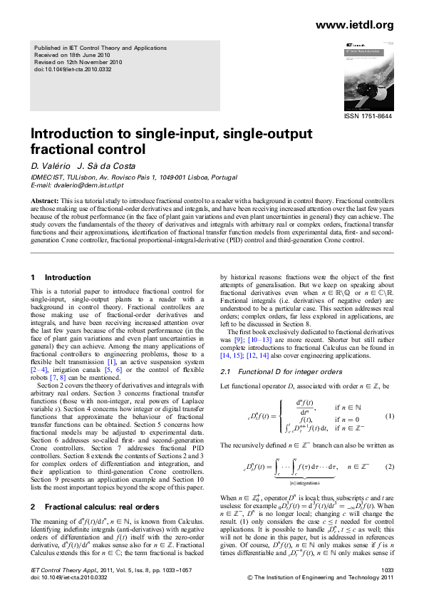 (PDF) An introduction to fractional control