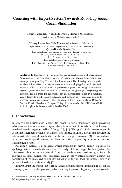 (PDF) Coaching with Expert System Towards RoboCup Soccer Coach Simulation