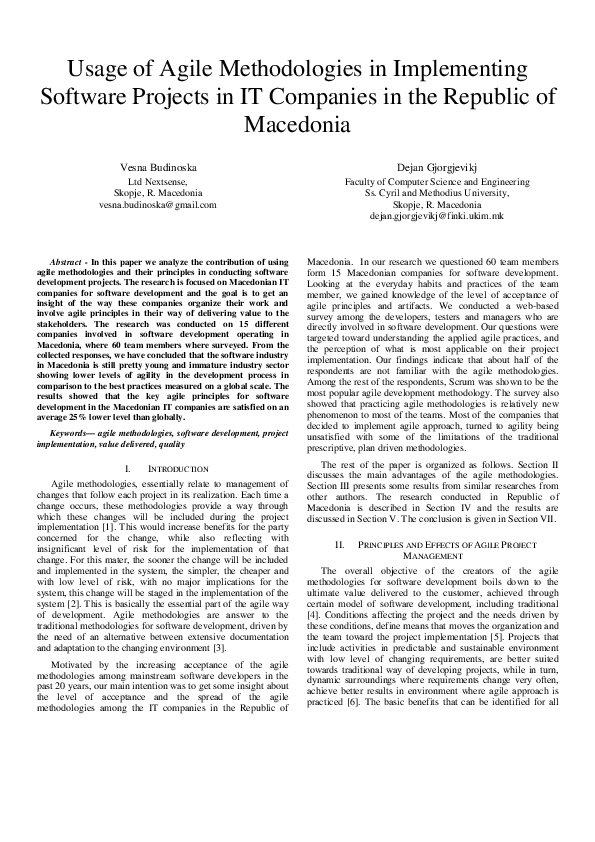 Usage of Agile Methodologies in Implementing Software Projects in IT Companies in the Republic ...