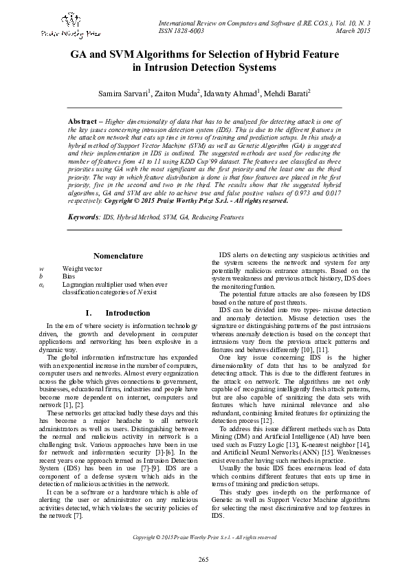 (PDF) GA and SVM Algorithms for Selection of Hybrid Feature in Intrusion Detection Systems