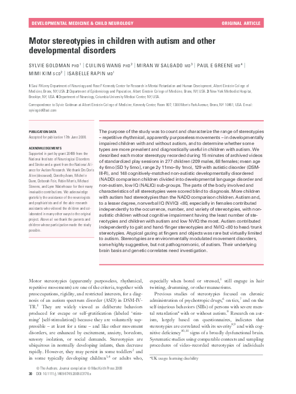 (PDF) Motor stereotypies in children with autism and other ...