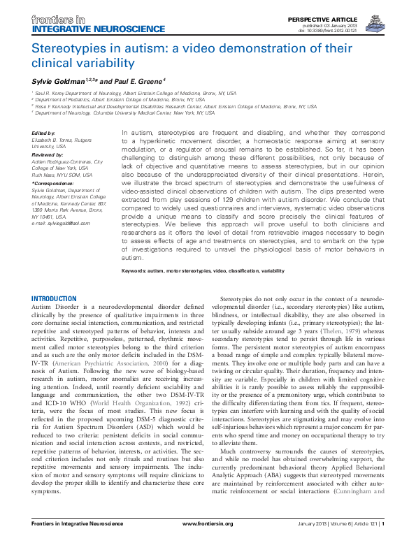 (PDF) Stereotypies in autism: a video demonstration of their clinical ...