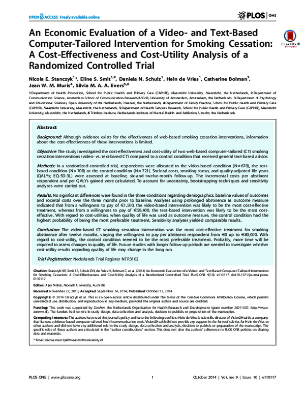 Pdf An Economic Evaluation Of A Video And Text Based Computer Tailored Intervention For