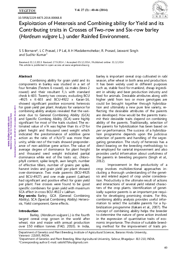 (PDF) Exploitation of Heterosis and Combining ability for Yield and its Contributing traits in ...