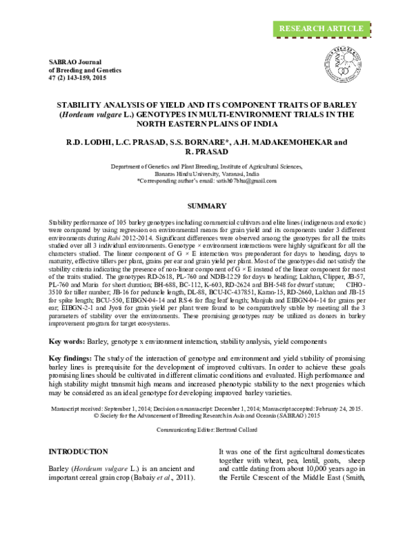 (PDF) Stability Analysis of Yield and its Component Traits of Barley (Hordeum vulgare L ...