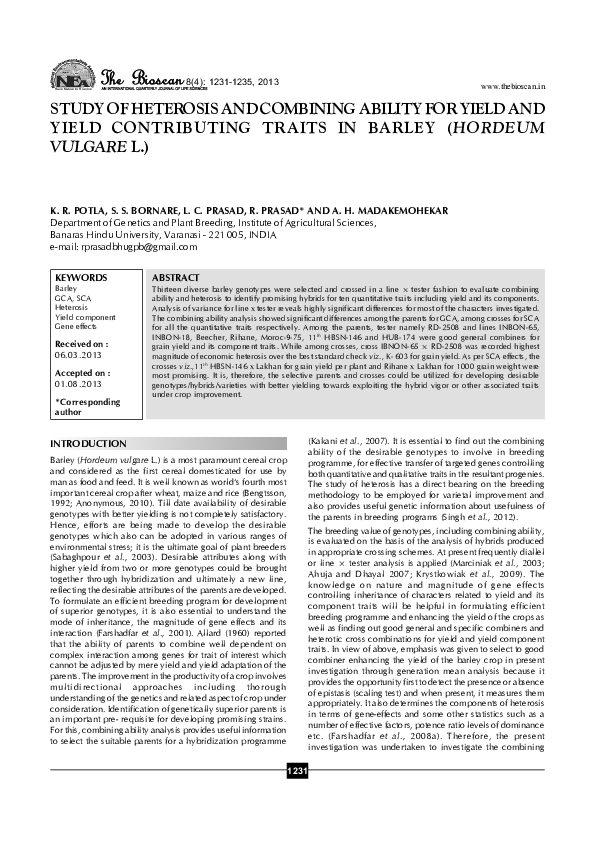 (PDF) Study of heterosis and combining ability for yield and yield contributing traits in barley ...