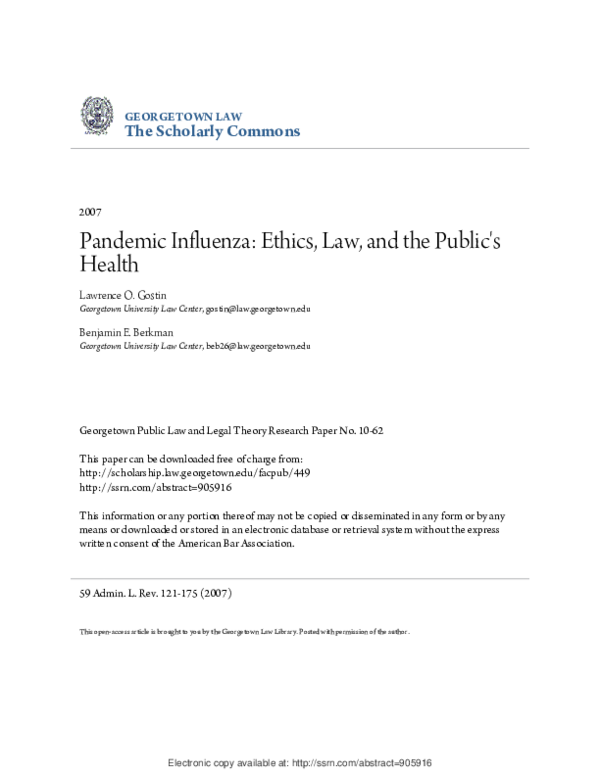 (PDF) Pandemic Infuenza: Ethics, Law, and the Public's Health ...
