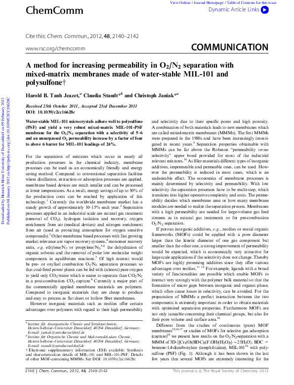 Pdf A Method For Increasing Permeability In O2 N2 Separation With