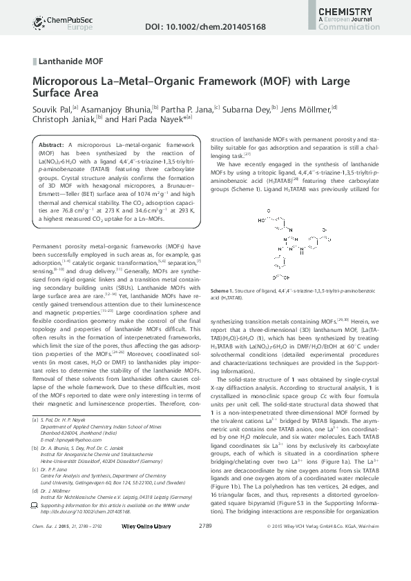 (PDF) Microporous La-Metal-Organic Framework (MOF) with Large Surface Area