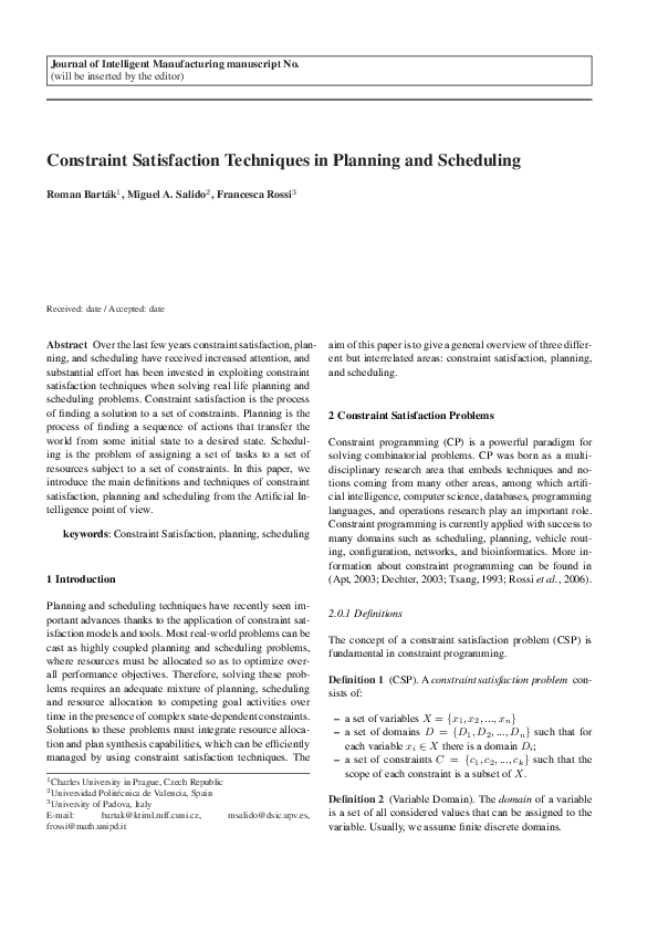 Pdf Constraint Satisfaction Techniques In Planning And Scheduling