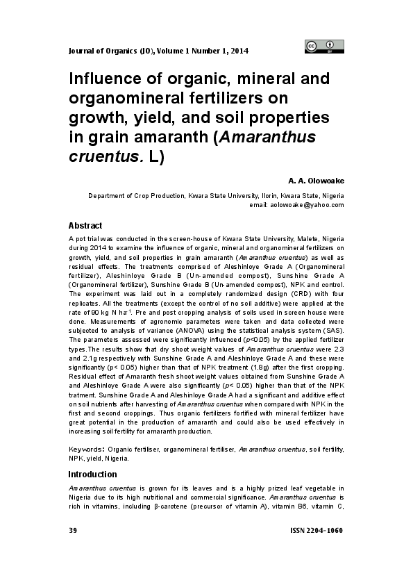 (PDF) Influence of organic, mineral and organomineral fertilizers on growth, yield, and soil ...