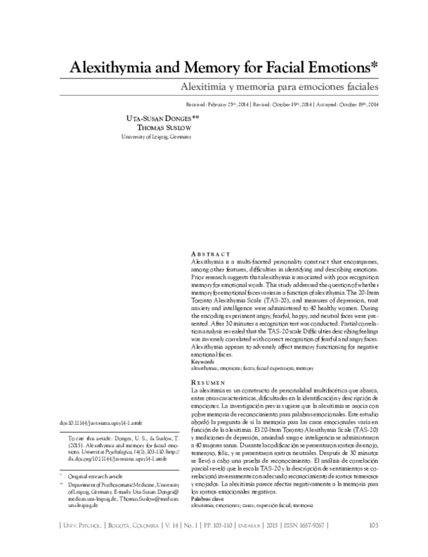 (PDF) Alexithymia and memory for facial emotions / Alexitimia y memoria ...