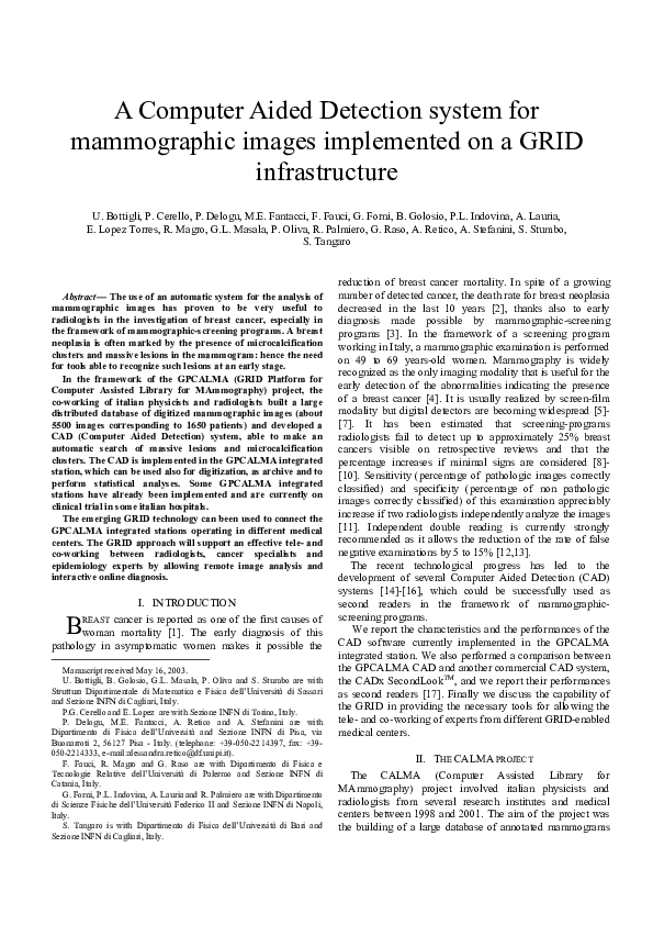 Pdf A Computer Aided Detection System For Mammographic Images Implemented On A Grid