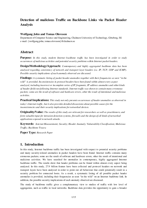 (PDF) Malicious Traffic Detection via Packet Header Analysis