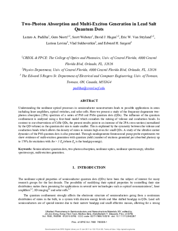 (PDF) Two-photon absorption and multi-exciton generation in lead salt ...