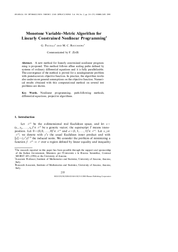 Pdf Monotone Variable Metric Algorithm For Linearly Constrained Nonlinear Programming