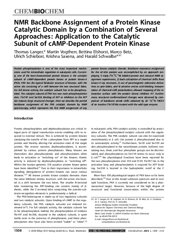 (PDF) NMR Backbone Assignment of a Protein Kinase Catalytic Domain by a Combination of Several ...