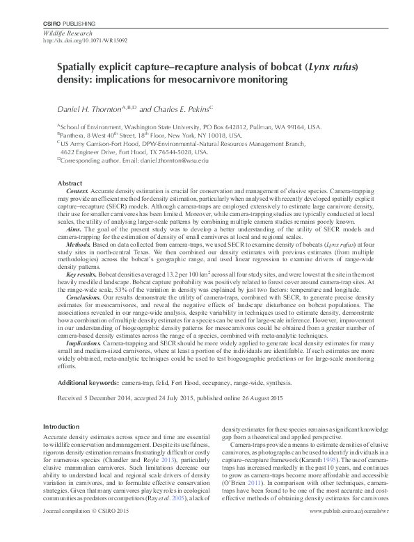 (PDF) Spatially explicit capture–recapture analysis of bobcat (Lynx rufus) density: implications ...