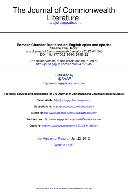 (PDF) Romesh Chunder Dutt's Indian-English Epics and Epochs