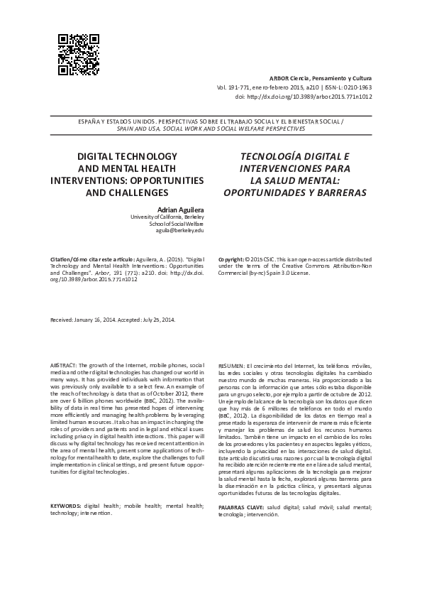 (PDF) Digital Technology and Mental Health: Opportunities and Challenges