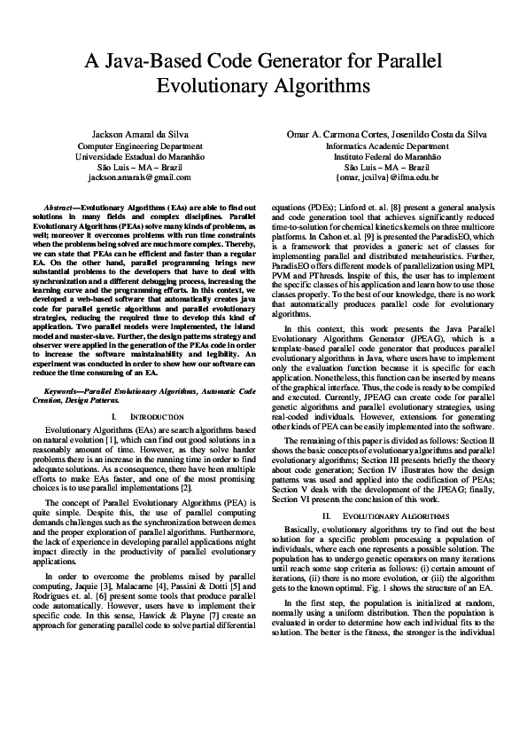 Pdf A Java Based Code Generator For Parallel Evolutionary Algorithms