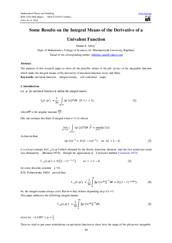 (PDF) Some Results on the integral means of the derivative of a univalent function