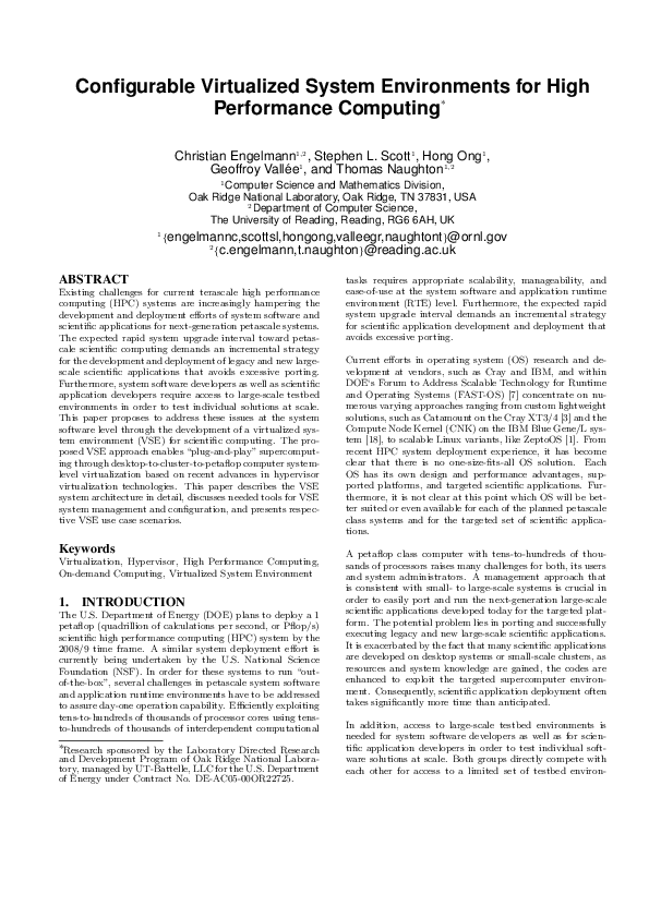 (PDF) Configurable virtualized system environments for high performance computing