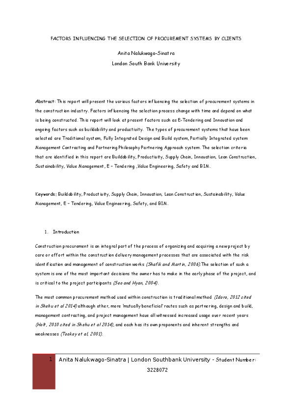 (DOC) FACTORS INFLUENCING THE SELECTION OF PROCUREMENT SYSTEMS BY CLIENTS