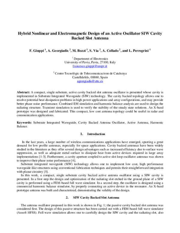 (PDF) Hybrid nonlinear and electromagnetic design of an active oscillator SIW cavity backed slot ...