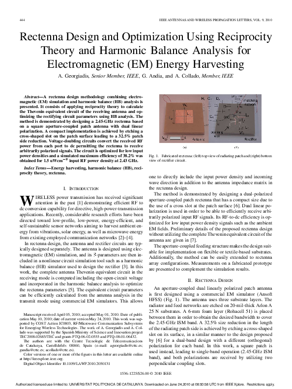 (PDF) Rectenna Design and Optimization Using Reciprocity Theory and ...