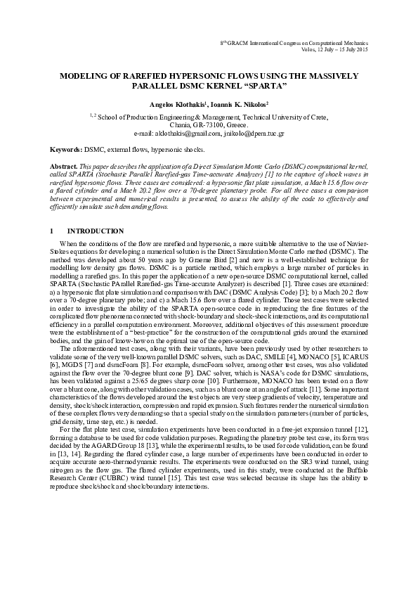 (PDF) MODELING OF RAREFIED HYPERSONIC FLOWS USING THE MASSIVELY PARALLEL DSMC KERNEL “SPARTA”