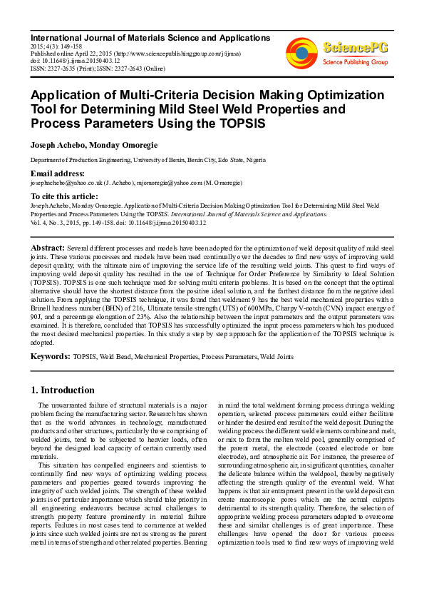 Pdf Application Of Multi Criteria Decision Making Optimization Tool For Determining Mild Steel