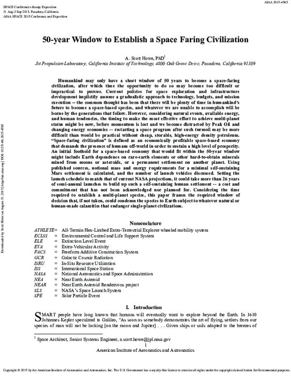 (PDF) 50-year Window to Establish a Space Faring Civilization