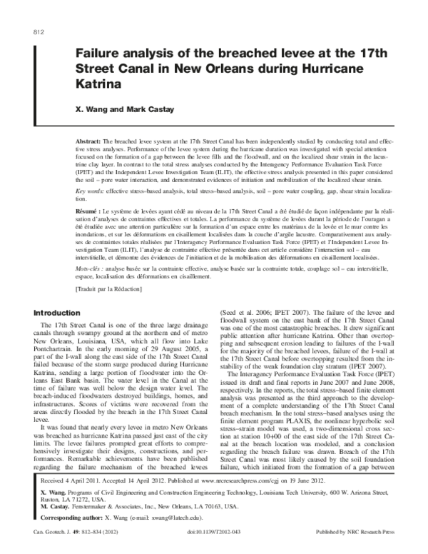 (PDF) Failure analysis of the breached levee at the 17th Street Canal ...