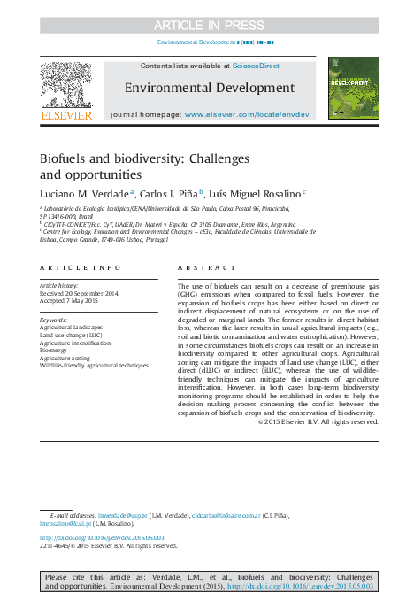 (PDF) Biofuels and biodiversity: Challenges and opportunities