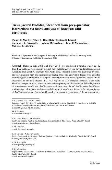 (PDF) Ticks (Acari: Ixodidae) identified from prey–predator ...