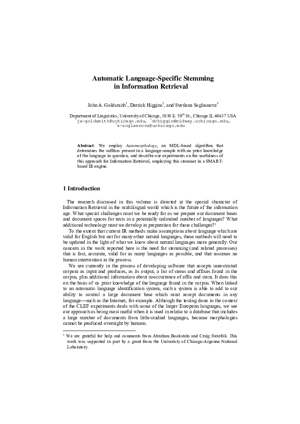 Pdf Automatic Language Specific Stemming In Information Retrieval